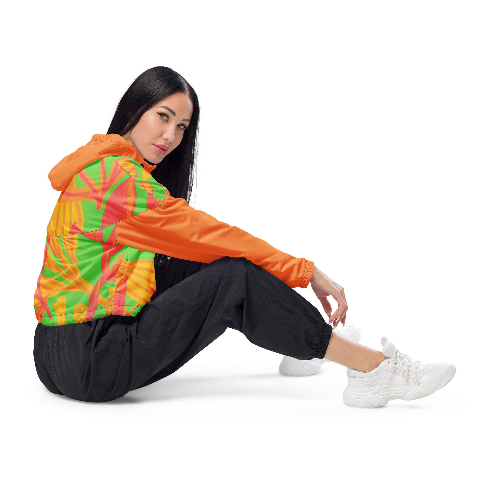 Neon Tropical Leaves Cropped Women's Windbreaker, 80's 90's Pullover ...