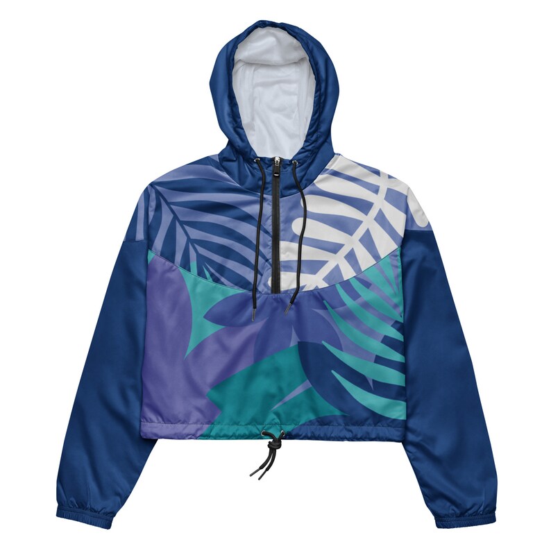 Teal and Purple Tropical Leaves Cropped Women's Windbreaker, 80's 90's ...