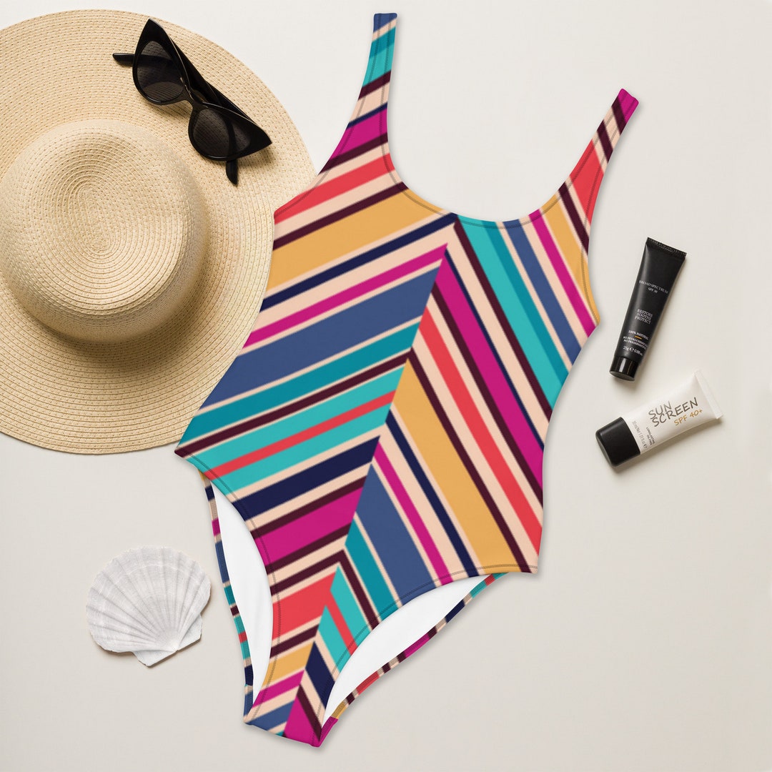 Multicolored Retro Diagonal Herringbone Stripes One-piece Swimsuit ...