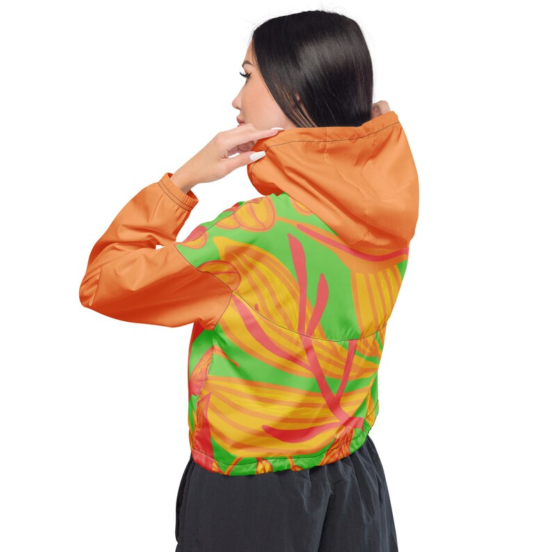 Neon Tropical Leaves Cropped Women's Windbreaker, 80's 90's Pullover ...