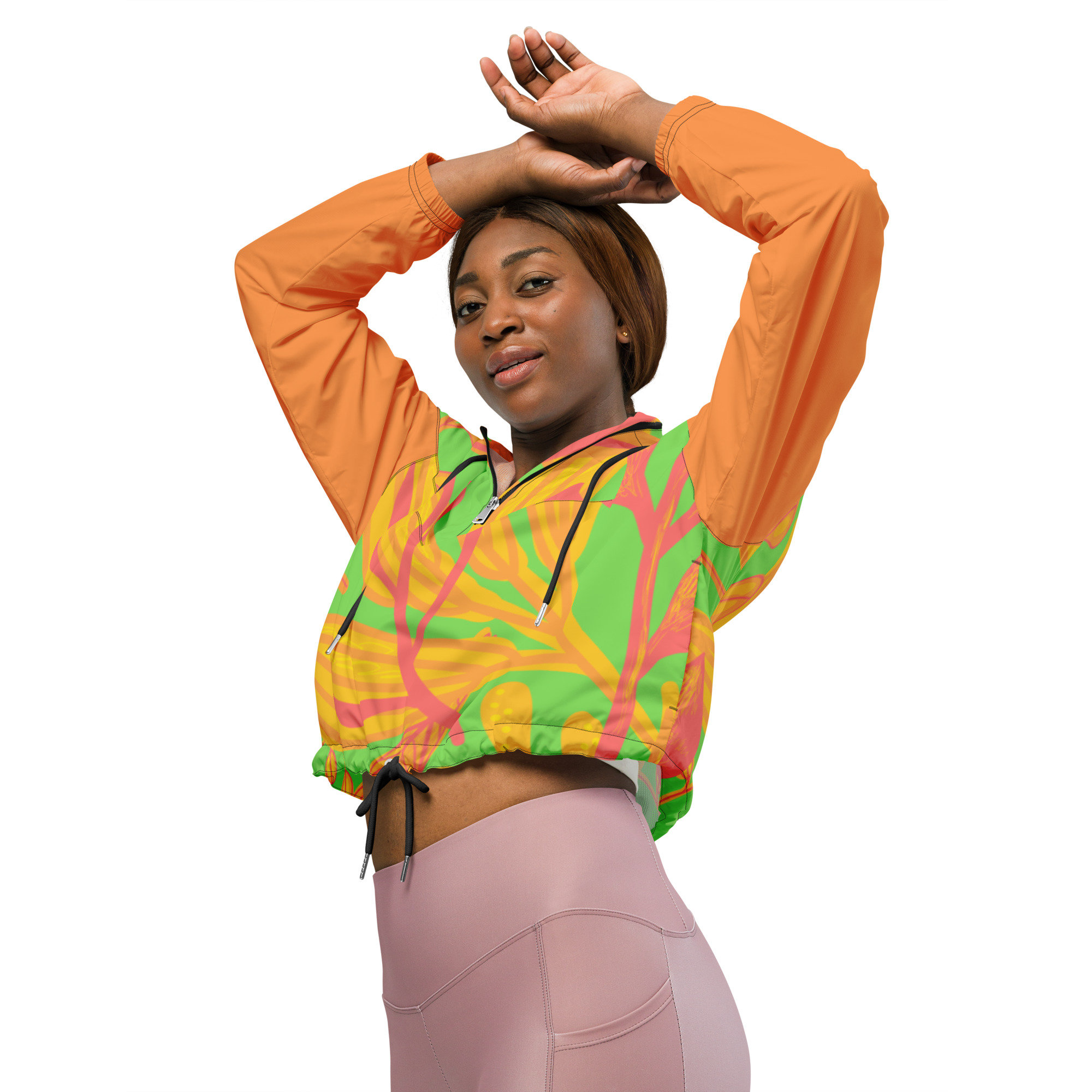 Neon Tropical Leaves Cropped Women's Windbreaker, 80's 90's Pullover ...
