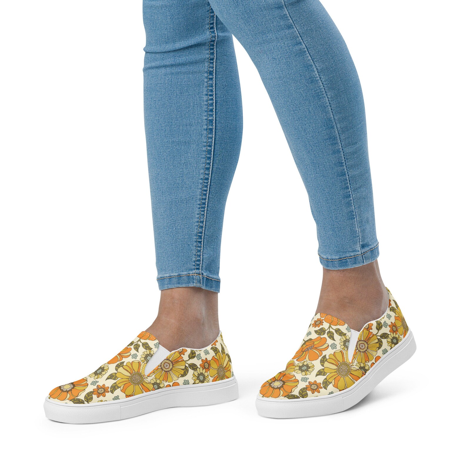 Retro 60's 70's Floral Orange and Yellow Women’s Slip-on Canvas Shoes ...