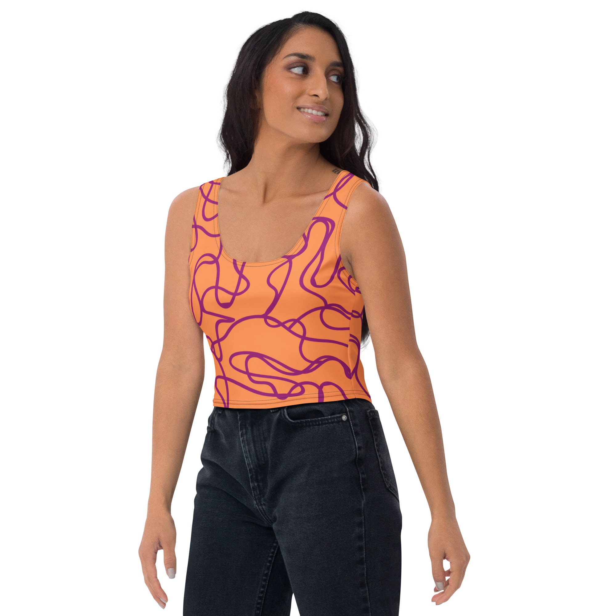 Orange and Purple Squiggle Lines Print Women’s Crop Top, Hand Drawn ...