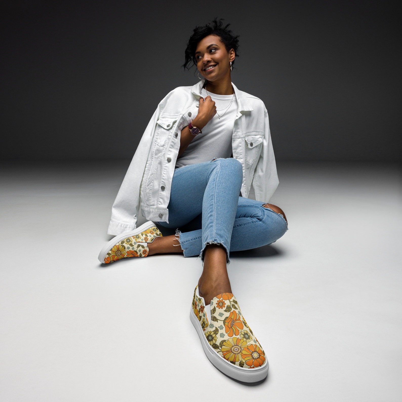 Retro 60's 70's Floral Orange and Yellow Women’s Slip-on Canvas Shoes ...
