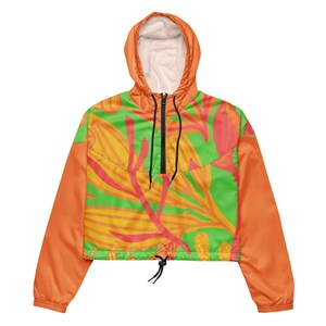 Neon Tropical Leaves Cropped Women's Windbreaker, 80's 90's Pullover ...