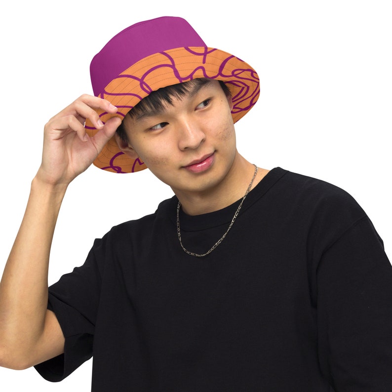 Squiggle Hand Drawn Lines Reversible Bucket Hat, Orange Inside, Beach ...