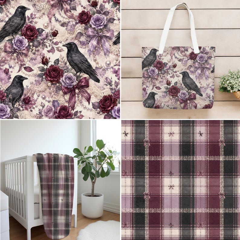 Coquette Gothic Paper Seamless Pattern Dark Romance Floral Skull Raven ...