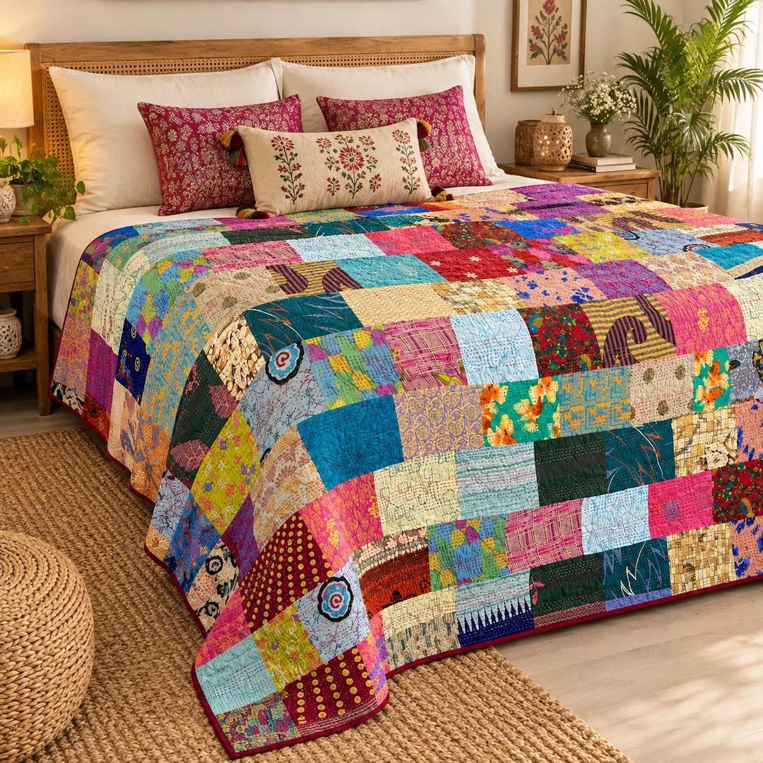 Patchwork Quilt Handmade Vintage Quilt Kantha Quilt Boho King Size ...
