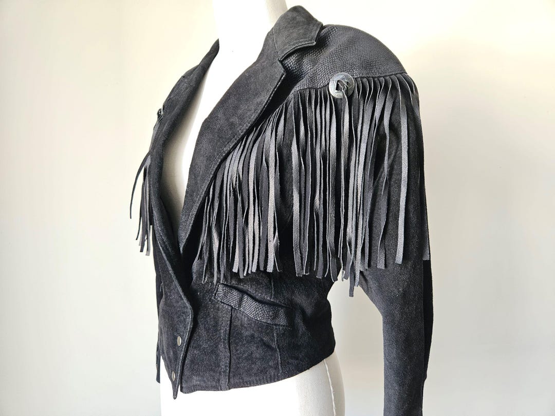 1980s Cropped Fringe Leather Jacket • Vintage Short Black Suede Conch ...