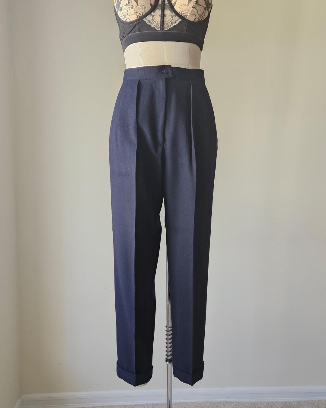1990s RALPH LAUREN Worsted Wool High Waist Navy Blue Trousers Vintage ...