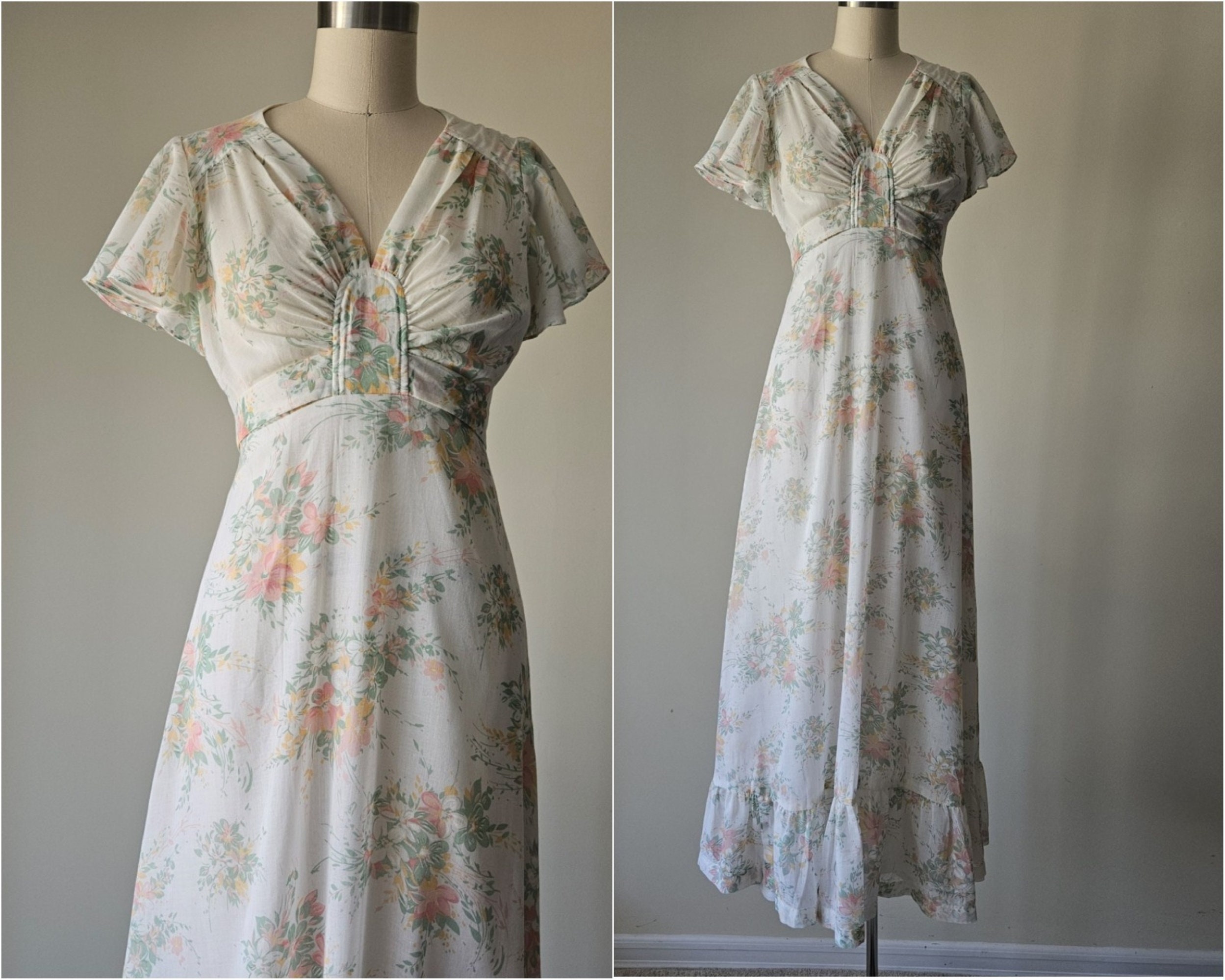 Vintage 1970s Prairie Dress, Pastel Floral Bohemian Maxi, Tie Back ...