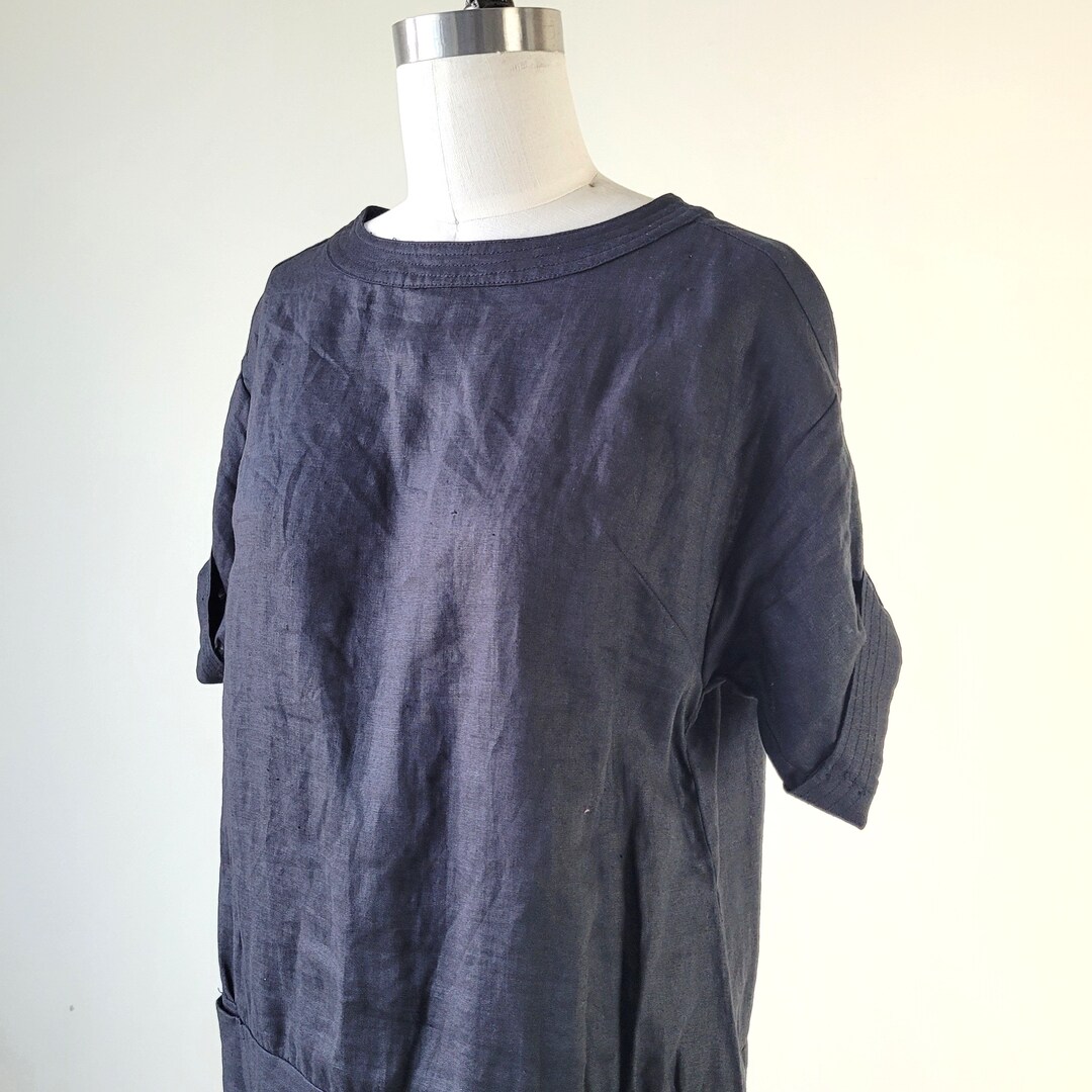 Y2k Boxy Linen Drop Waist Black Dress With Pockets Size S - Etsy