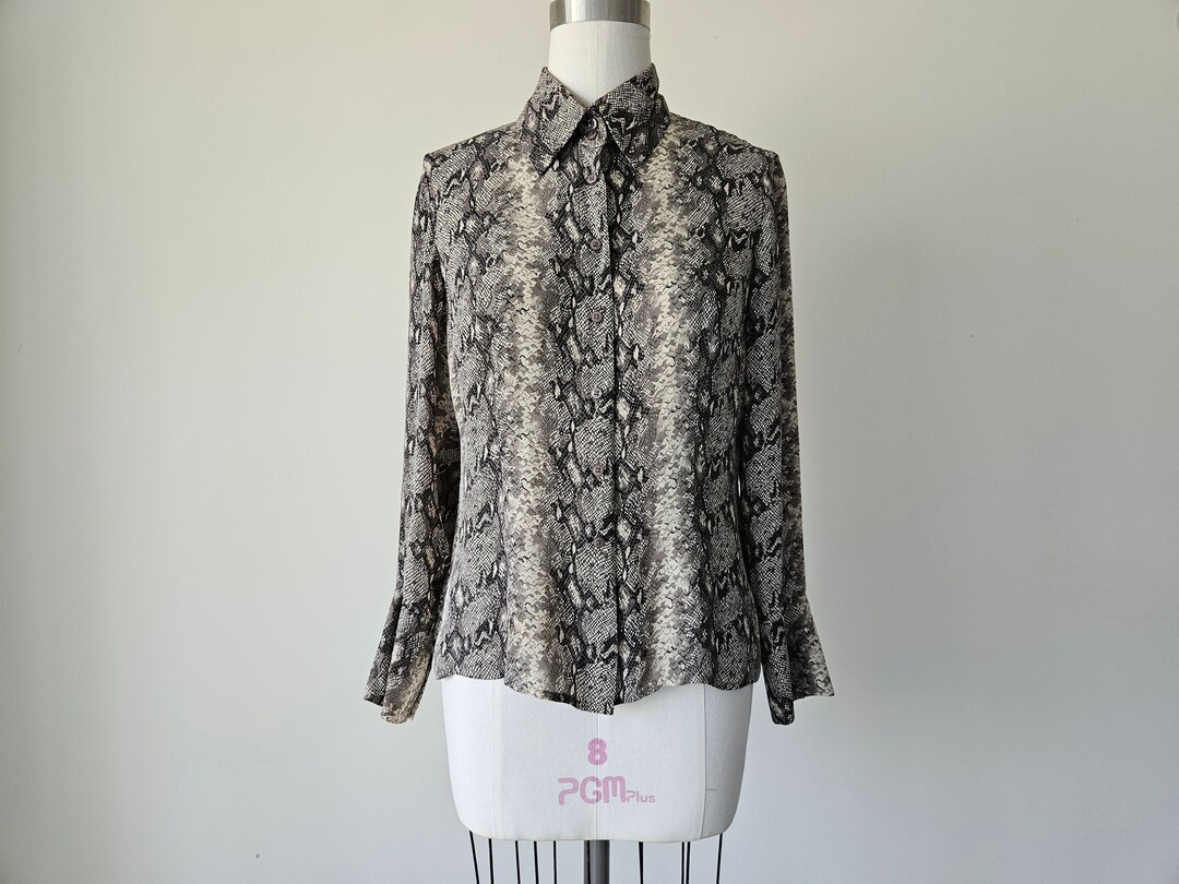 1990s Silk Animal Snake Print Blouse • Silky Reptile Long Sleeve Shirt ...
