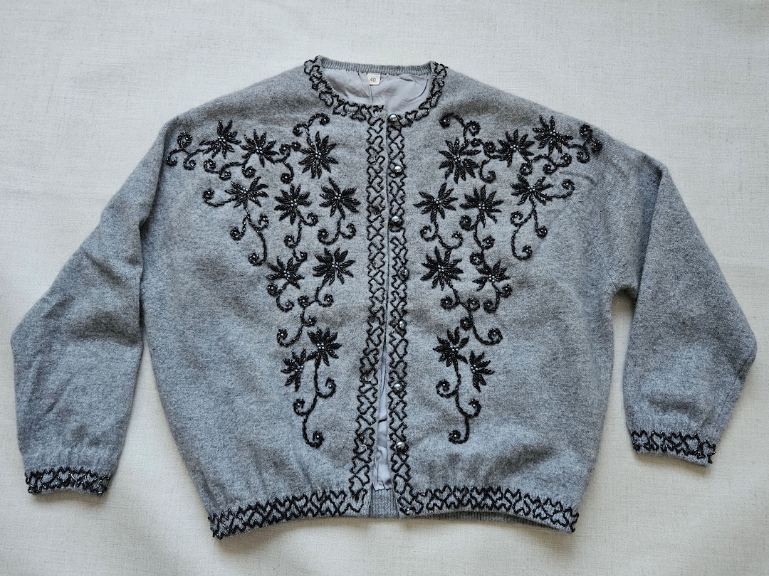 1950s CASHMERE Beaded Pin up Cardigan Sweater Vintage Cropped Gray ...