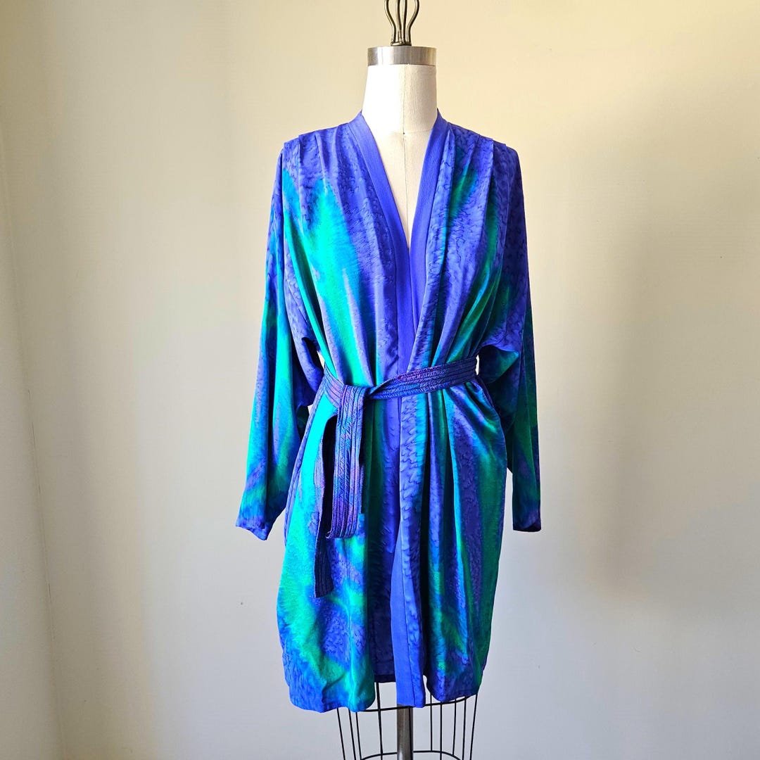 1990s SILK Robe, Vintage Hand Painted Blue Green Duster, Size S M - Etsy