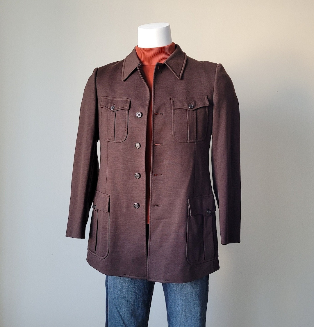 1960s SAFARI Jacket Vintage Brown Knit Dacron Polyester Four Pocket ...