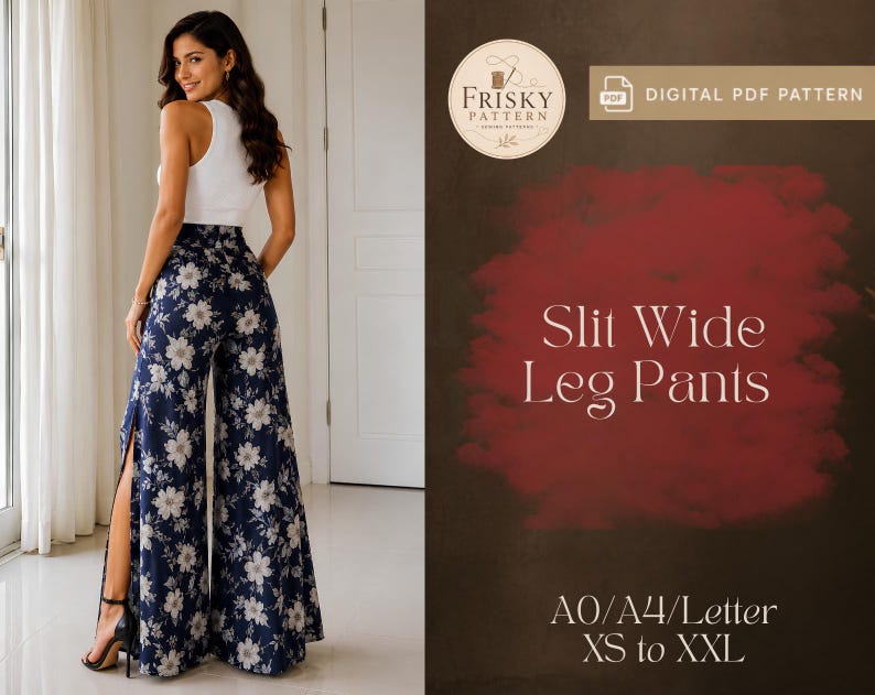 Slit Wide Leg Pants Sewing Pattern PDF, High Waist Palazzo Trousers ...