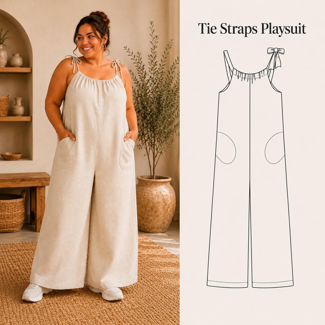 Plus Size Jumpsuit Sewing Pattern, Wide Leg Linen Jumpsuit Pattern, Tie ...