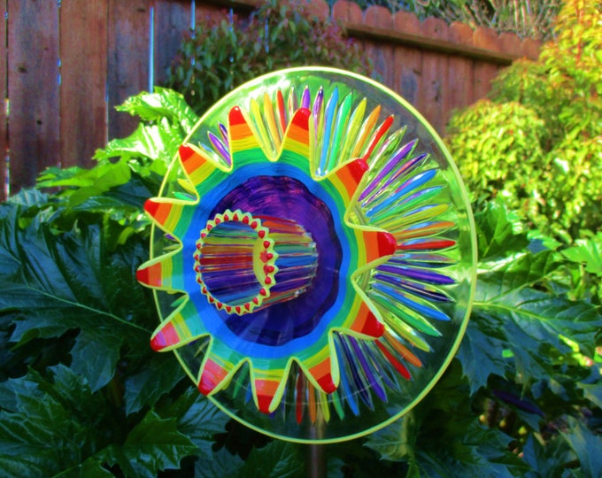 Rainbow Glass Garden Art, Garden Decorations Outside Decor Hand Painted Glass Flower Glass Plate ...