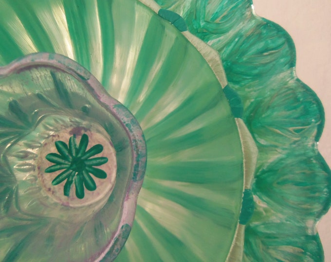 Glass Flower Garden Art Hand Painted in Turquoise, Mint & Lilac Lawn ...