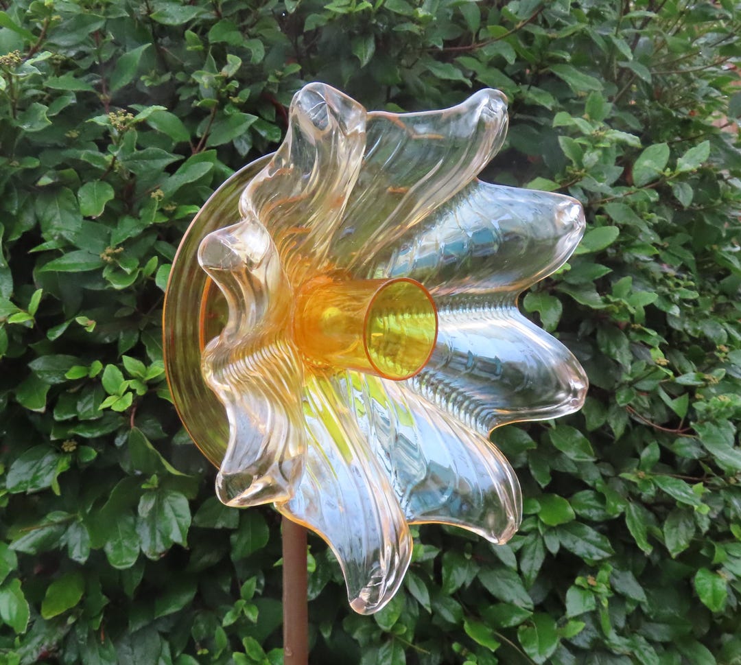 Glass Garden Flower, Vintage Glass Garden Art, Yard Art, Vintage Gold ...