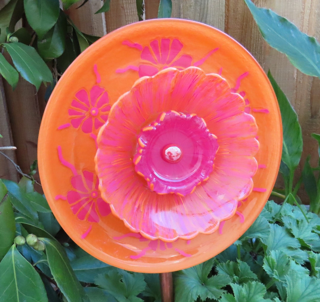 Glass Garden Flower Art, Hand Painted Pink & Orange, Outdoor Garden ...