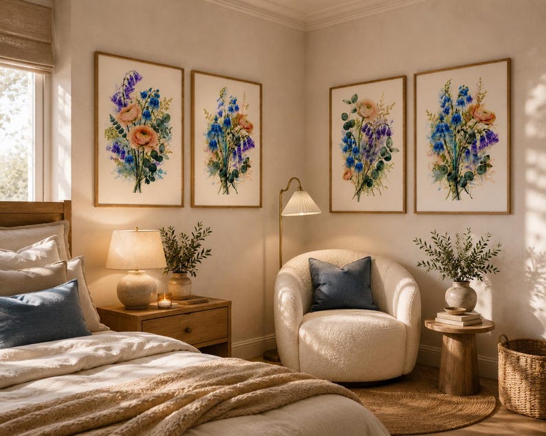 Set of 4 Watercolor Botanical Prints, Blue Floral Gallery Wall Art ...