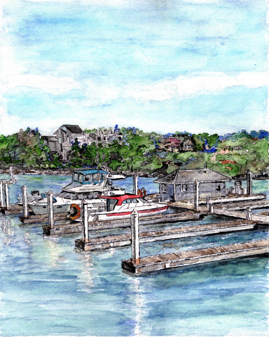 Kent Island Marina Watercolor Print: Chesapeake Bay Cabin Cruisers ...