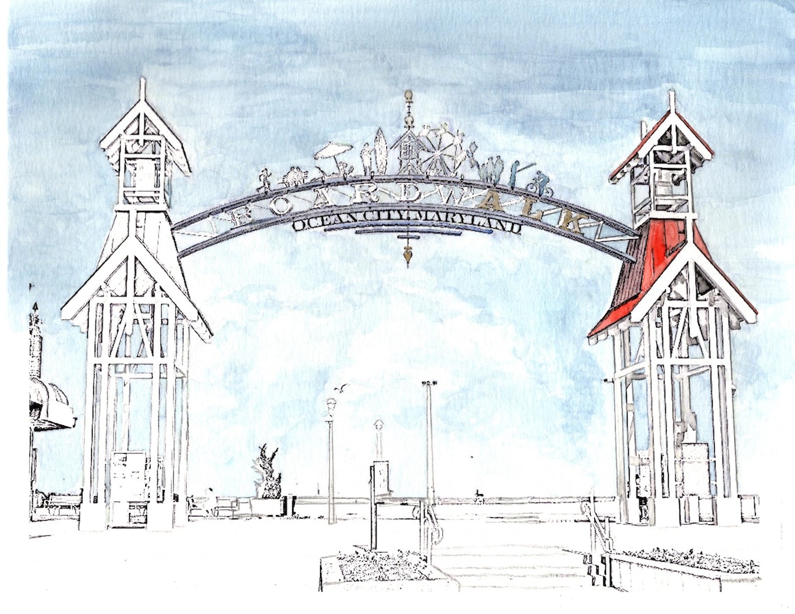 Ocean City, Maryland, Boardwalk Arch Watercolor Print, Seashore ...