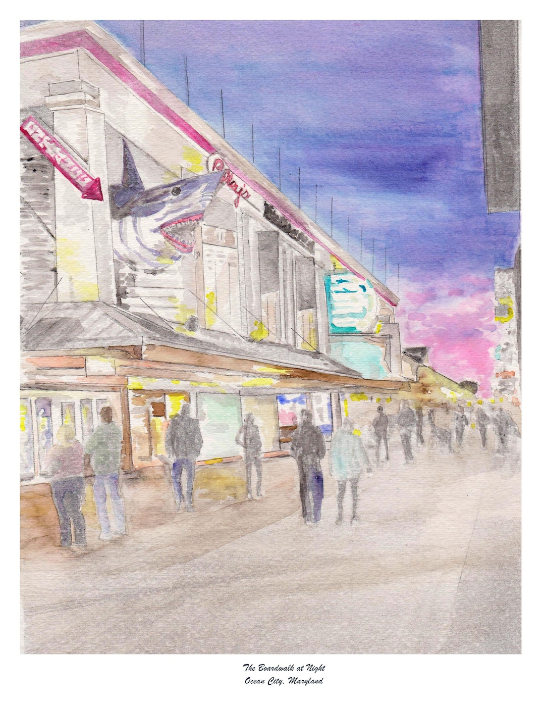 Ocean City Maryland Watercolor Print: Boardwalk at Night, Eastern Shore ...