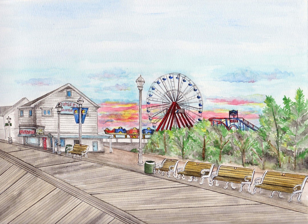Ocean City Maryland Watercolor Print, Boardwalk Scene - Etsy