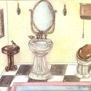 Vintage Toilet and Sink Watercolor Print, Bathroom Art, Victorian ...