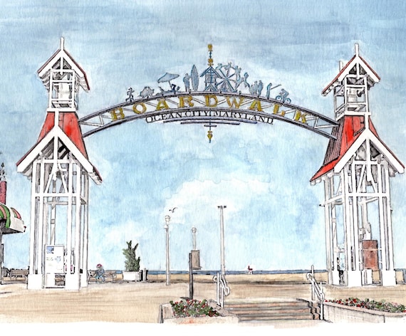 Ocean City Maryland Boardwalk Arch Watercolor Print - Etsy
