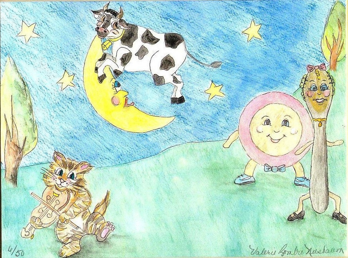 Cow Jumped Over the Moon Watercolor Print, Hey Diddle Diddle, the Cat ...