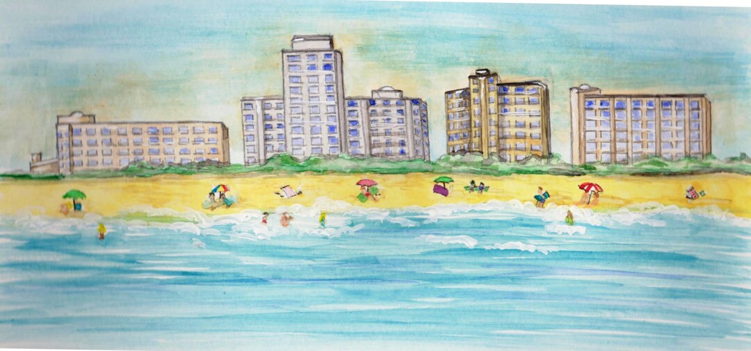 Ocean City, Maryland Art, Beach Vacation Watercolor, Hotel Skyline ...