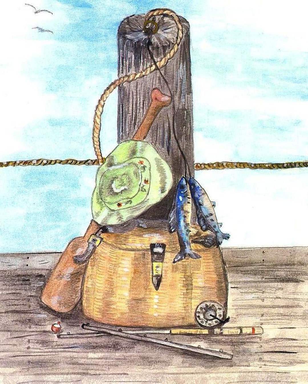 Fishing Watercolor Print, Rod and Reel Painting, Fish Home Decor Art ...