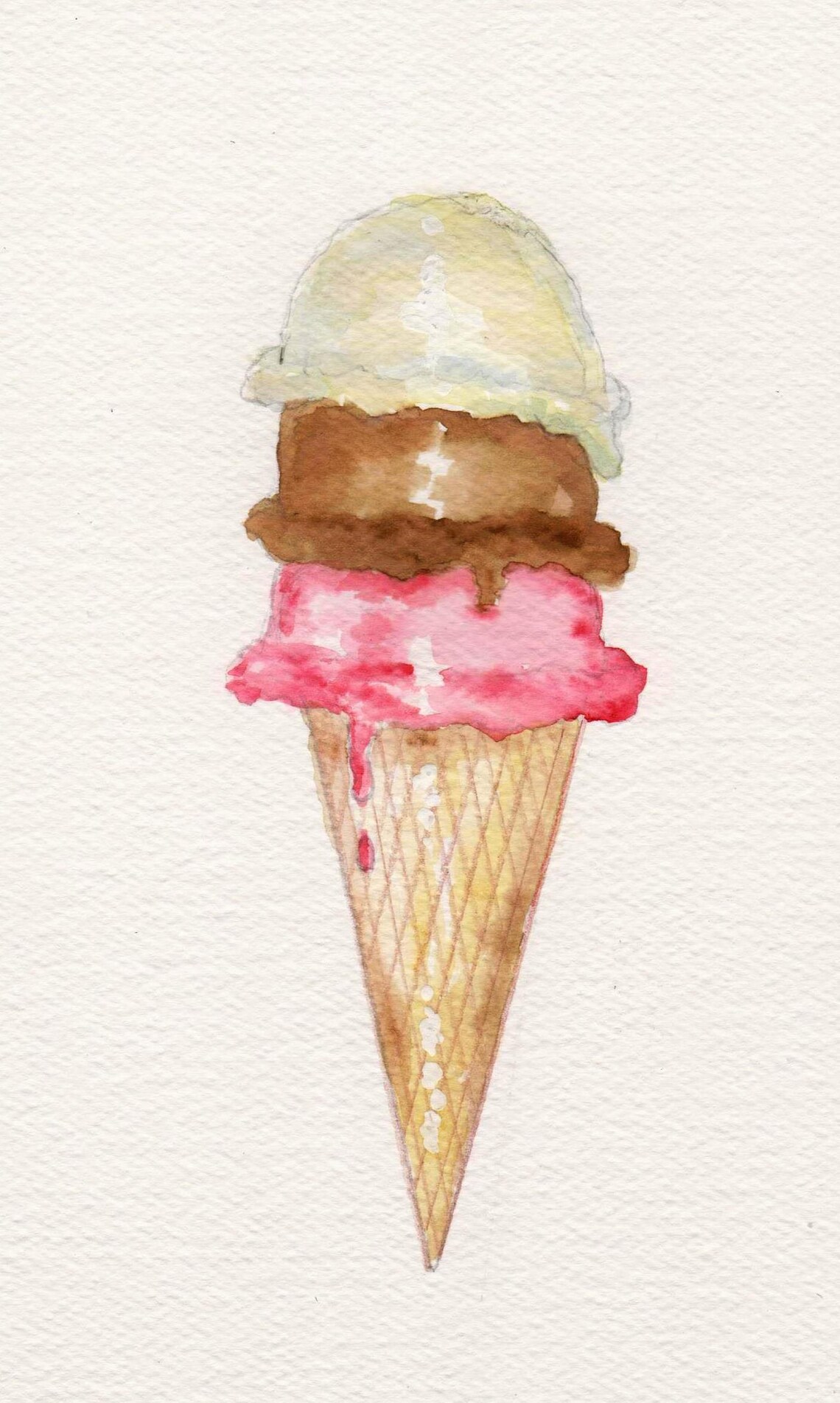 Ice Cream Cone Watercolor Print: Triple Scoop Dessert Painting - Etsy