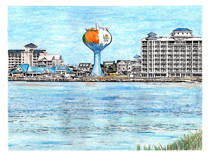 Ocean City Maryland Water Tower Print, OC Art, Rt. 50 Bridge, Eastern ...