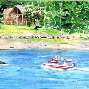 Alaska Art, Ketchikan Watercolor Print, Alaska Shoreline With Boat ...