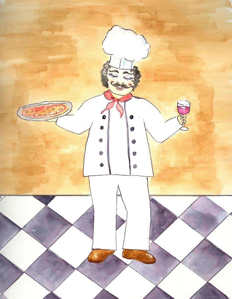 Italian Chef Watercolor Print: Pizza & Wine Kitchen Wall Art - Etsy