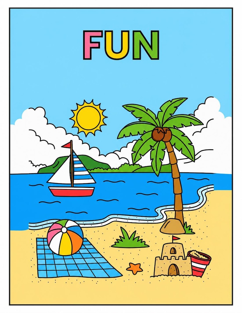 Beach Coloring Page Alphabet Learning Book Kids Activity Sheet ...