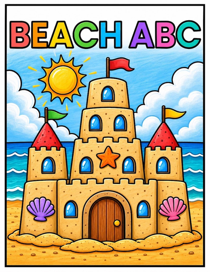 Beach Coloring Page Alphabet Learning Book Kids Activity Sheet ...