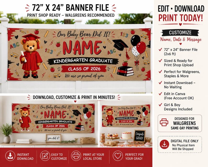 Kindergarten Graduation Banner Template Editable, 72x24 Banner Canva ...