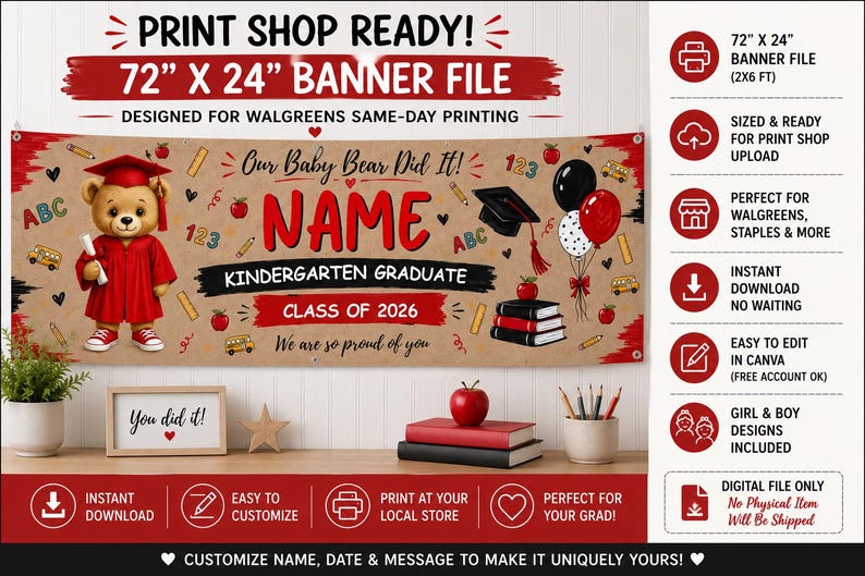 Kindergarten Graduation Banner Template Editable, 72x24 Banner Canva ...