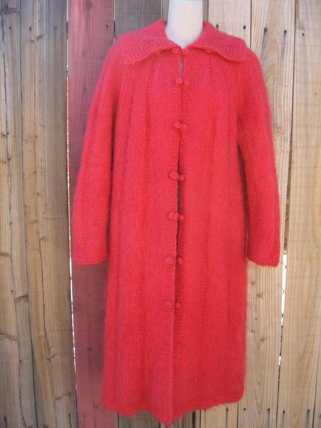 Vintage Full Length Hand Knit Angora Sweater Coat Pink/raspberry - Etsy