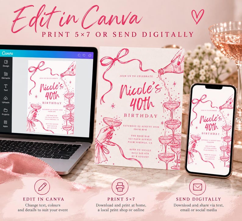 Champagne 40th Birthday Invite | Editable Canva Invitation | Pink ...