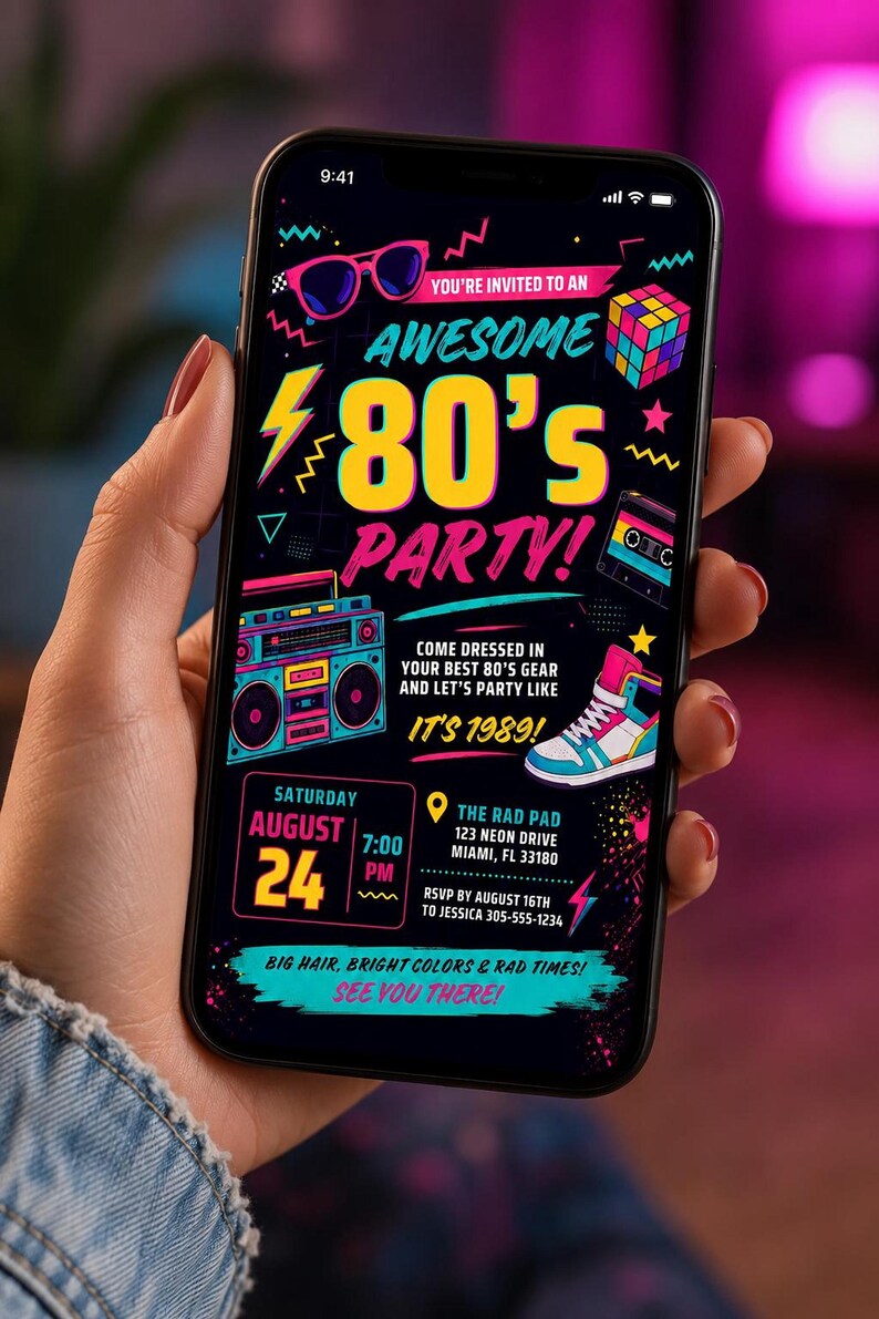 Retro 80s Birthday Invitation | Editable Neon Party Invite Template ...