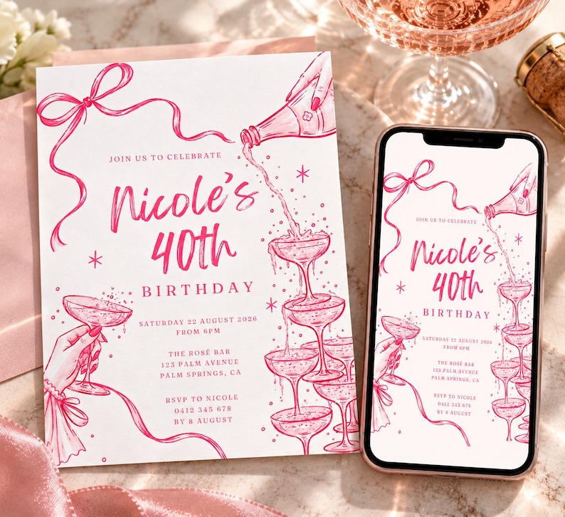 Champagne 40th Birthday Invite | Editable Canva Invitation | Pink ...