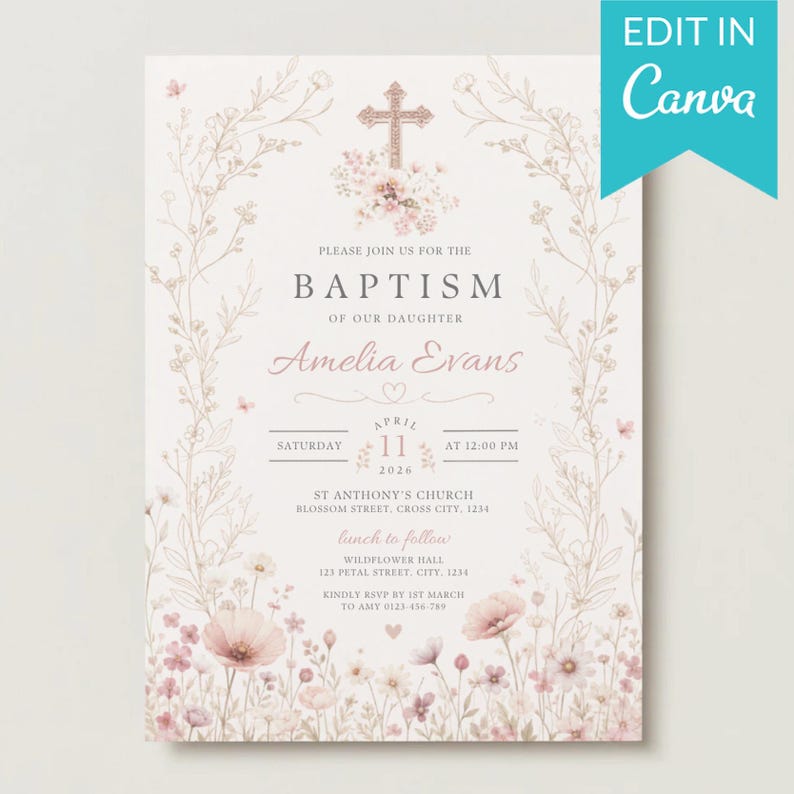 Editable Floral Baptism Invitation, Digital Download - Canva Template ...