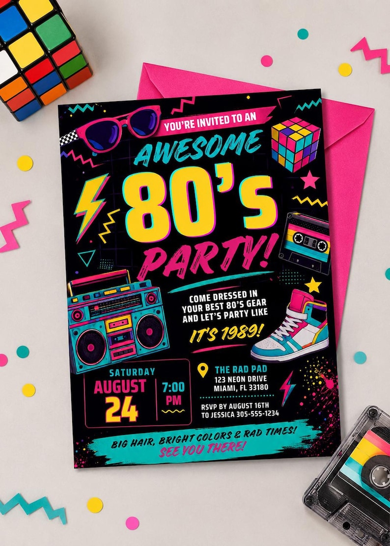 Retro 80s Birthday Invitation | Editable Neon Party Invite Template ...